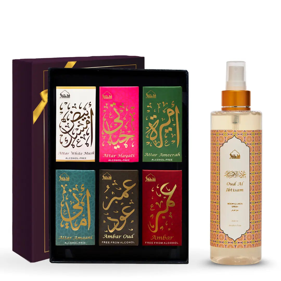 Luxury Attar Oil Set + Oud Al Ibtisam Room & Linen Spray Set – Dukhni ...